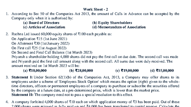 Worksheet 2 - Class 12 Accountancy Share Practice Material - Studocu