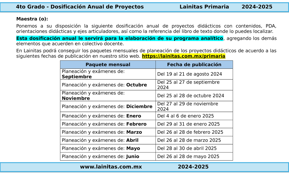 Dosificación Anual Lainitas 2024: Proyectos Didácticos y Planeación - Studocu