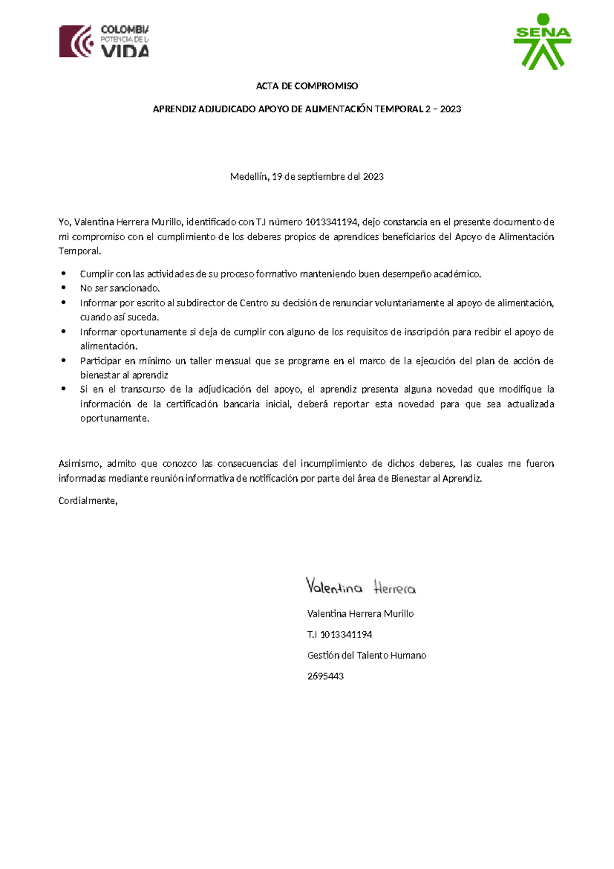 ACTA DE COMPROMISO APRENDIZ - BIENESTAR 2023 Medellín - Studocu