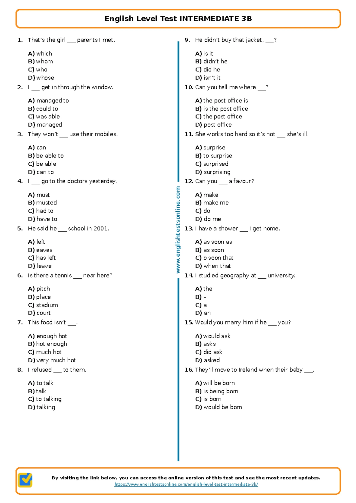 English Level Test: Pre-Intermediate 2A Practice Questions & Answers ...