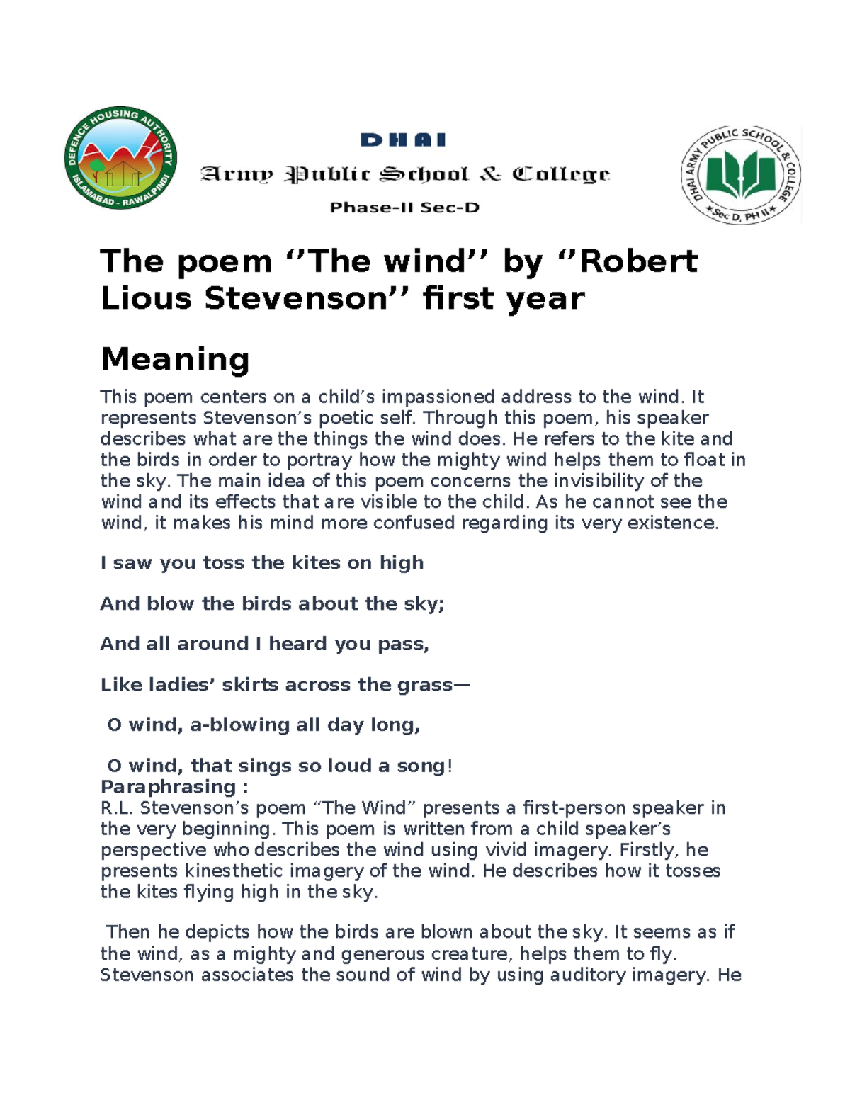 Analysis of "The Wind" Poem by Robert Louis Stevenson - Studocu