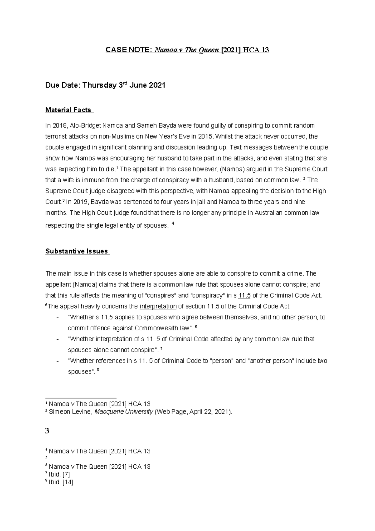 LLB101 Case Note: Namoa v The Queen [2021] HCA 13 Analysis and Judgment ...