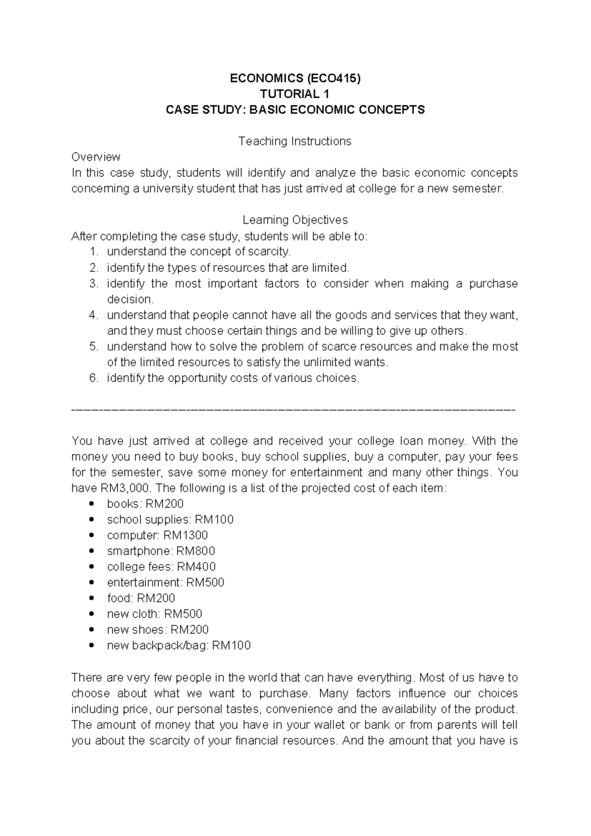 THE CASE OF A College Student - ECONOMICS (ECO415) TUTORIAL 1 CASE ...