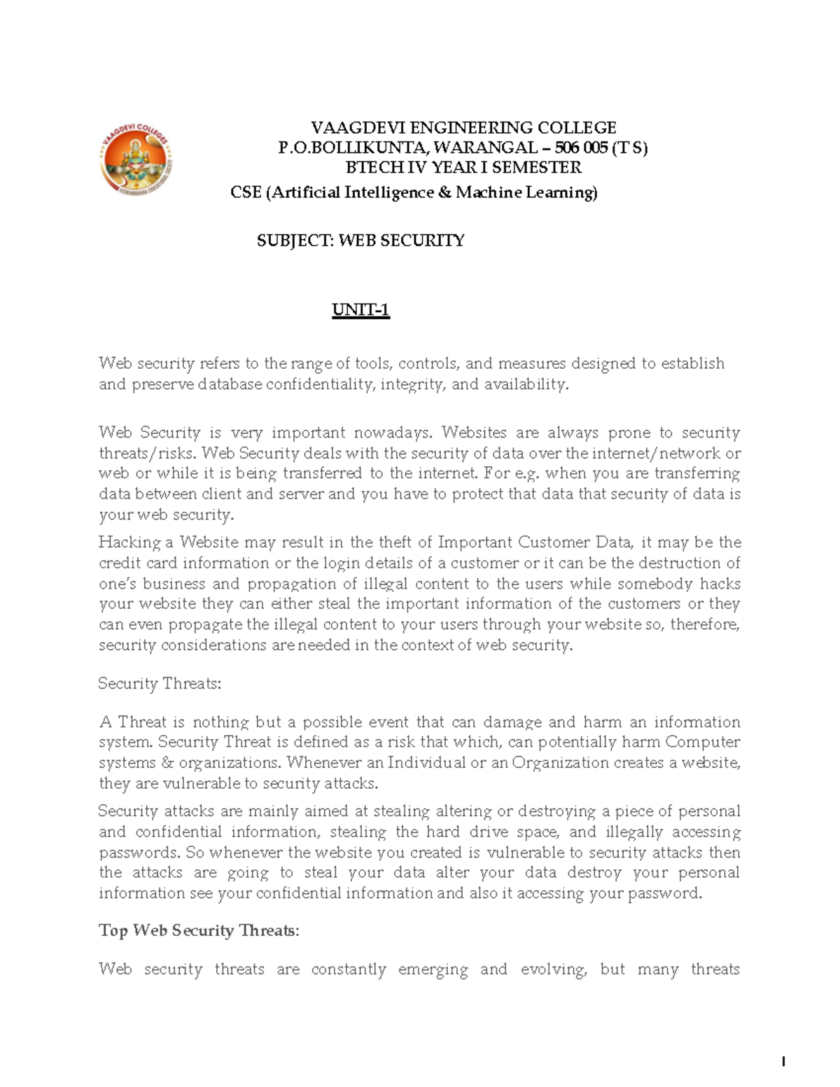 Web Security Notes: Units 1-2 - CSE IV Sem BTech - Studocu
