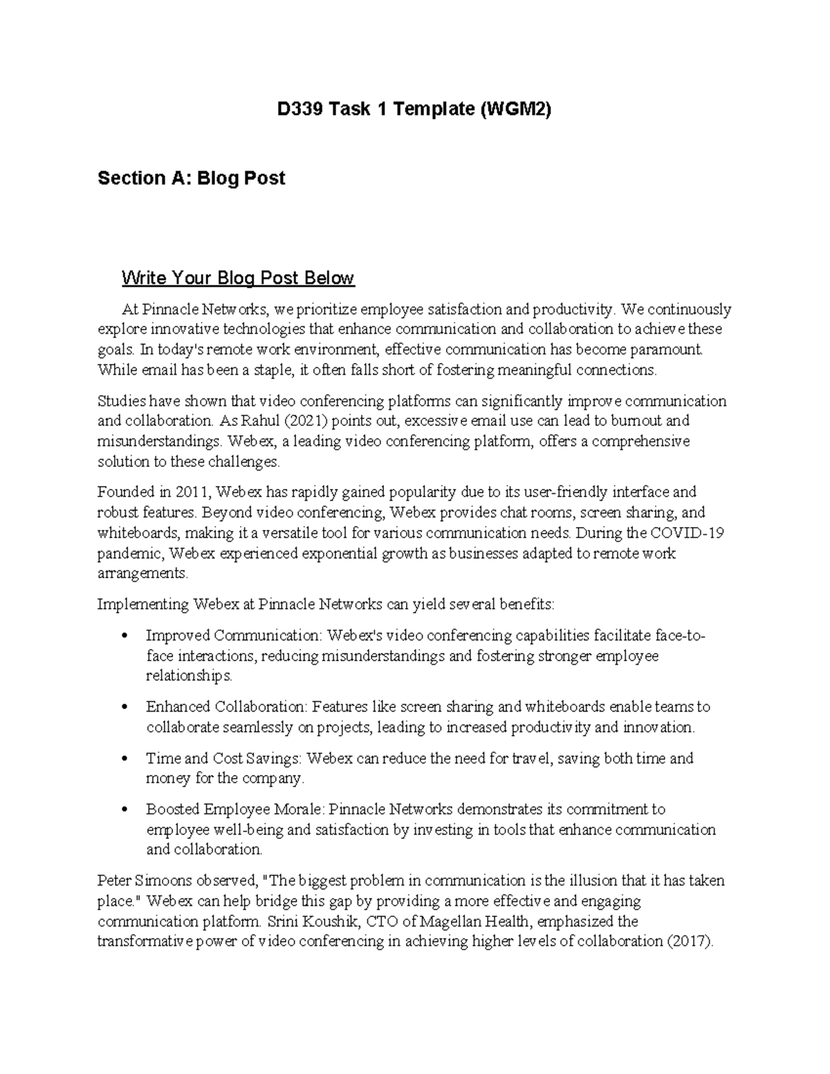 WGU D339 Task 1 Blog Post on Webex Communication Solutions - Studocu