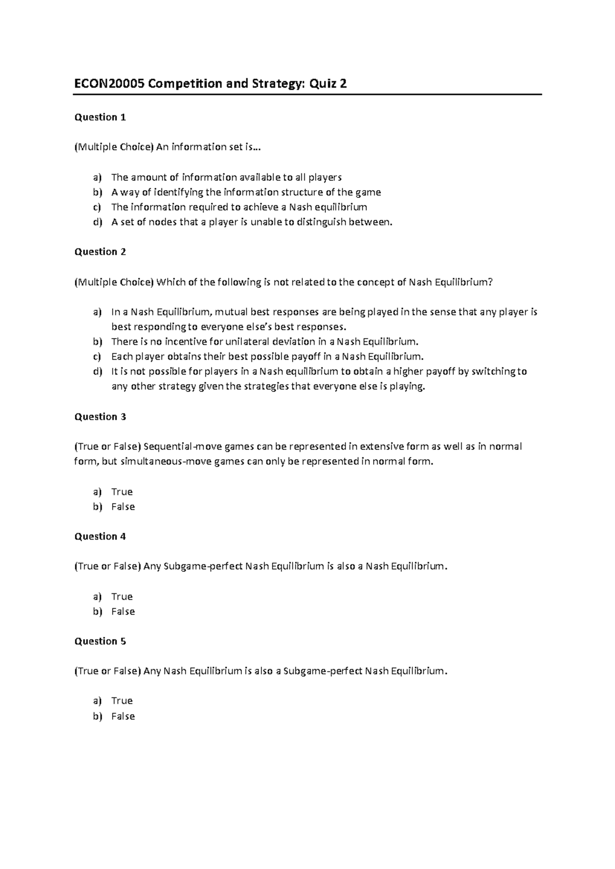 ECON2000 5 Quiz2 - after class quiz 2 - ECON20005 Competition and ...