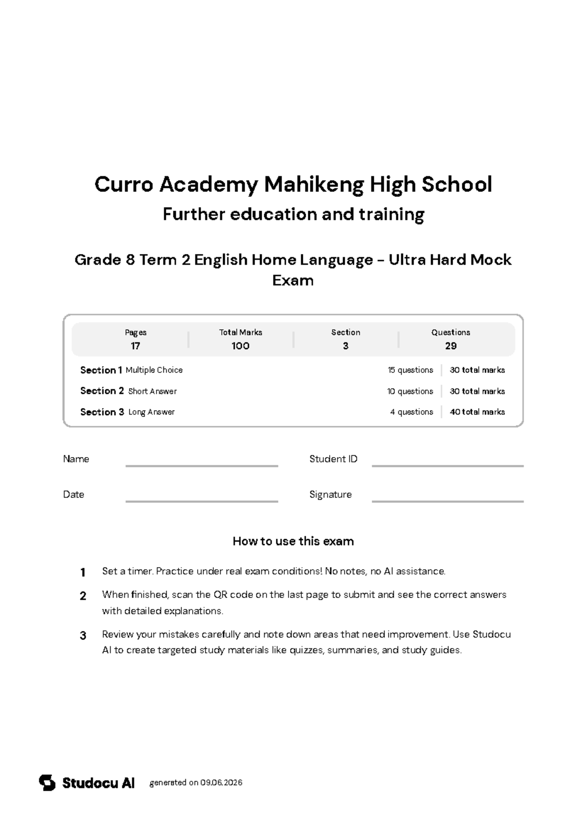 Grade 8 Term 2 English Home Language - Mock Exam - Studocu