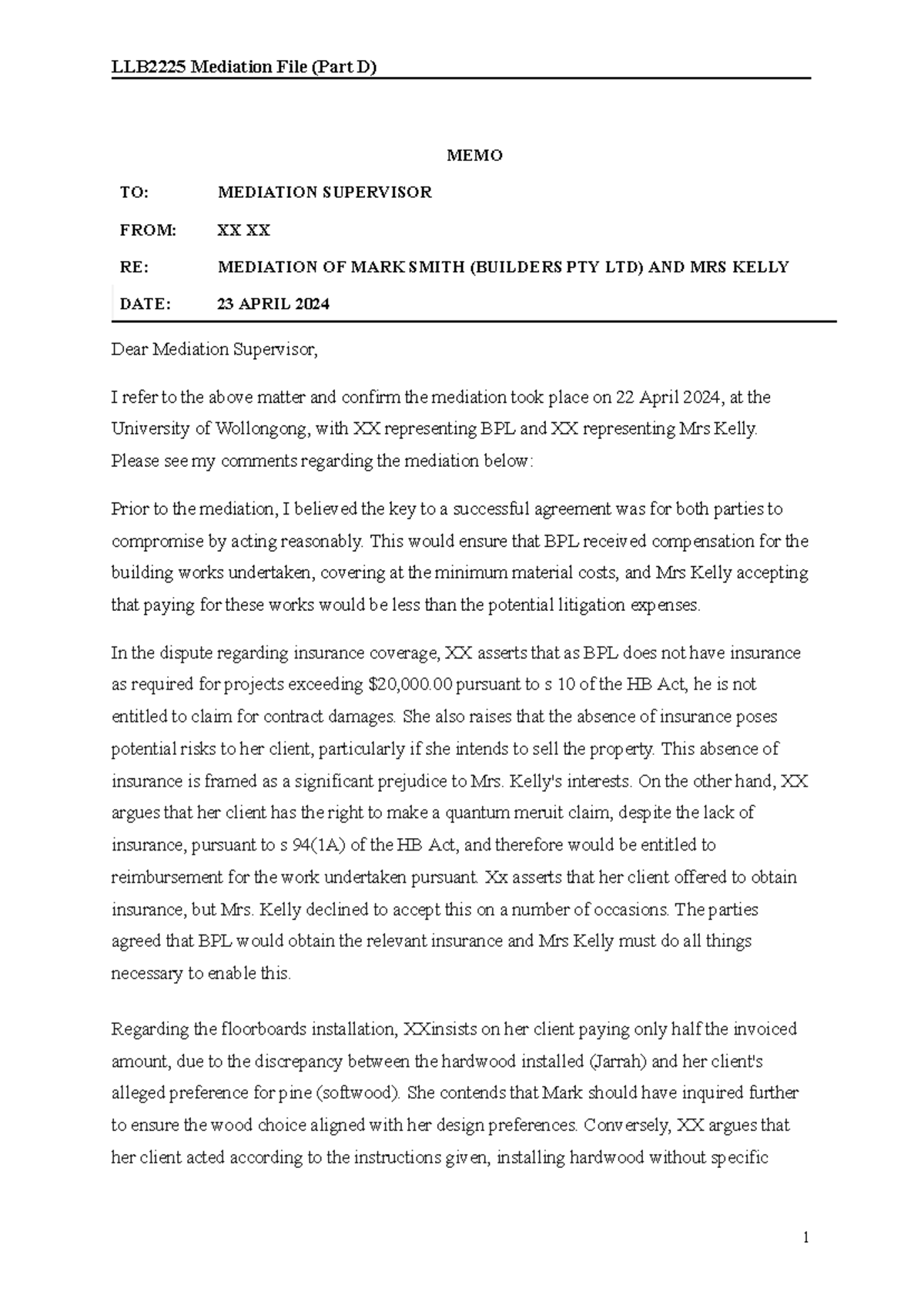(Part D) - Memorandum - LLB2225 Mediation File (Part D) MEMO TO ...
