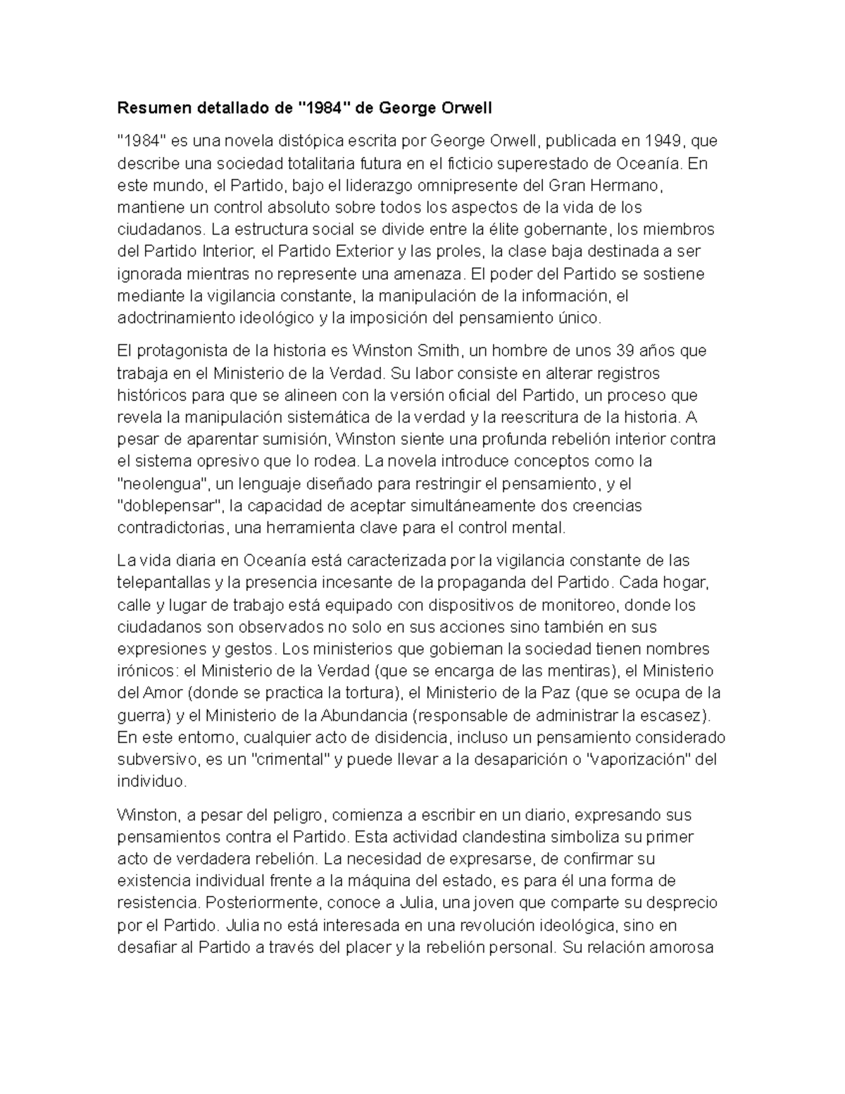 Resumen detallado de "1984" de George Orwell - Análisis y Temas - Studocu