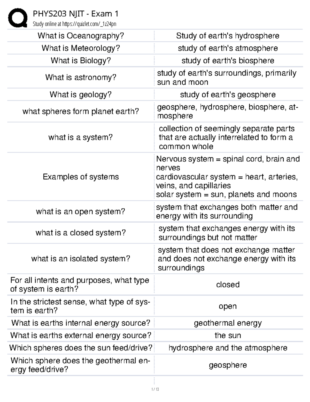 PHYS203 NJIT Exam 1 Study Guide: Earth Systems and Energy Sources - Studocu