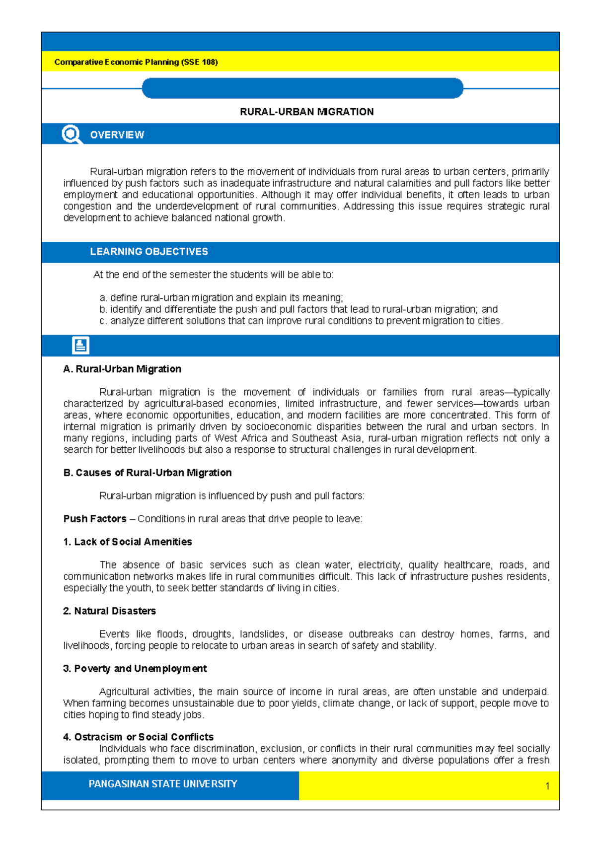 Rural-Urban Migration Overview and Solutions (SSE 108) - Studocu