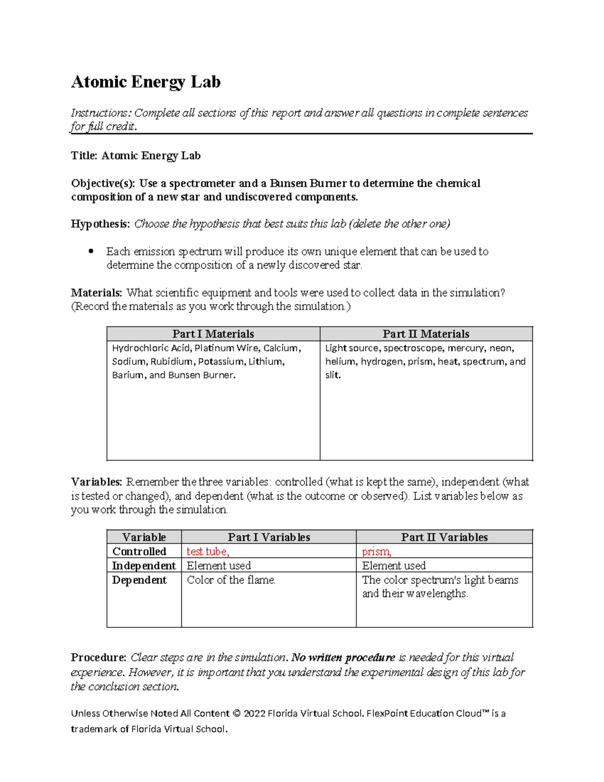 Atomic Energy Lab (CHEM 101): Spectroscopy and Flame Test Analysis ...