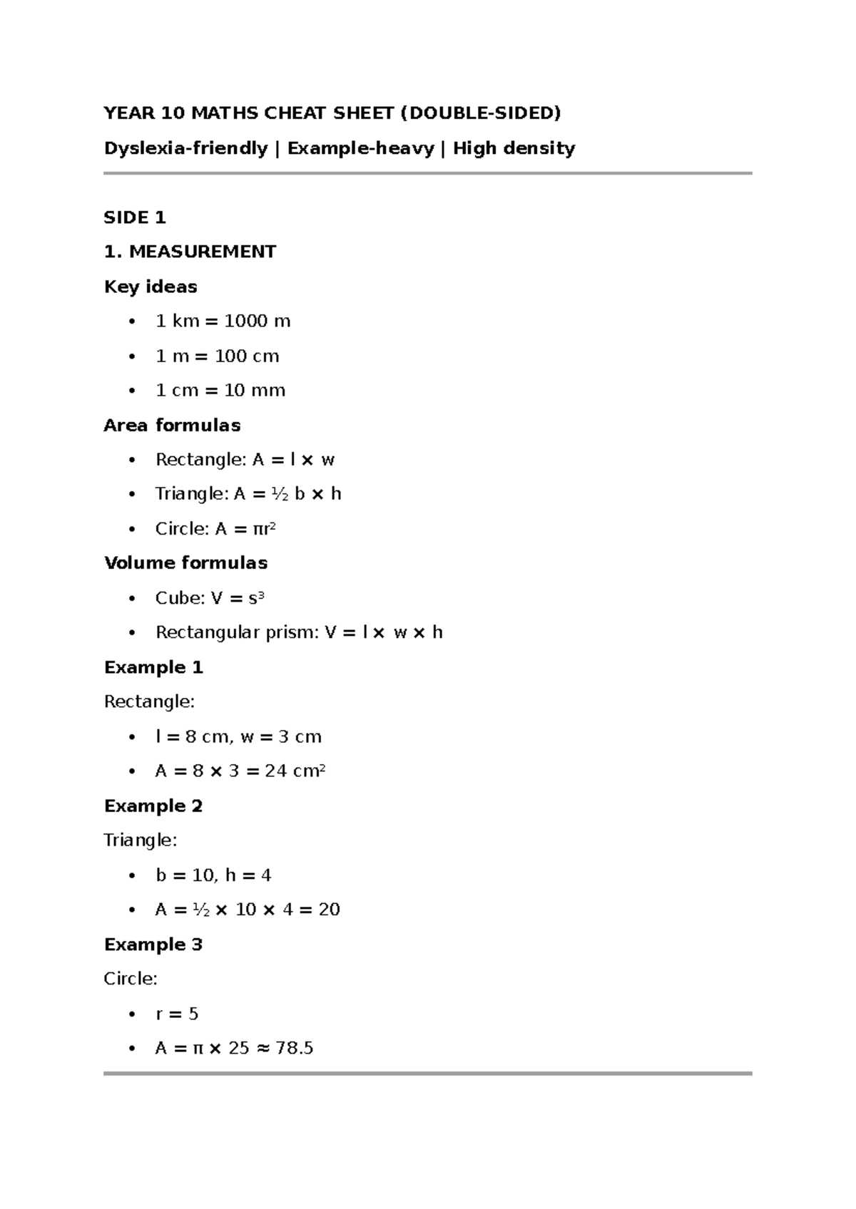 YEAR 10 MATHS CHEAT SHEET EXAM 1 - KEY FORMULAS & TIPS - Studocu