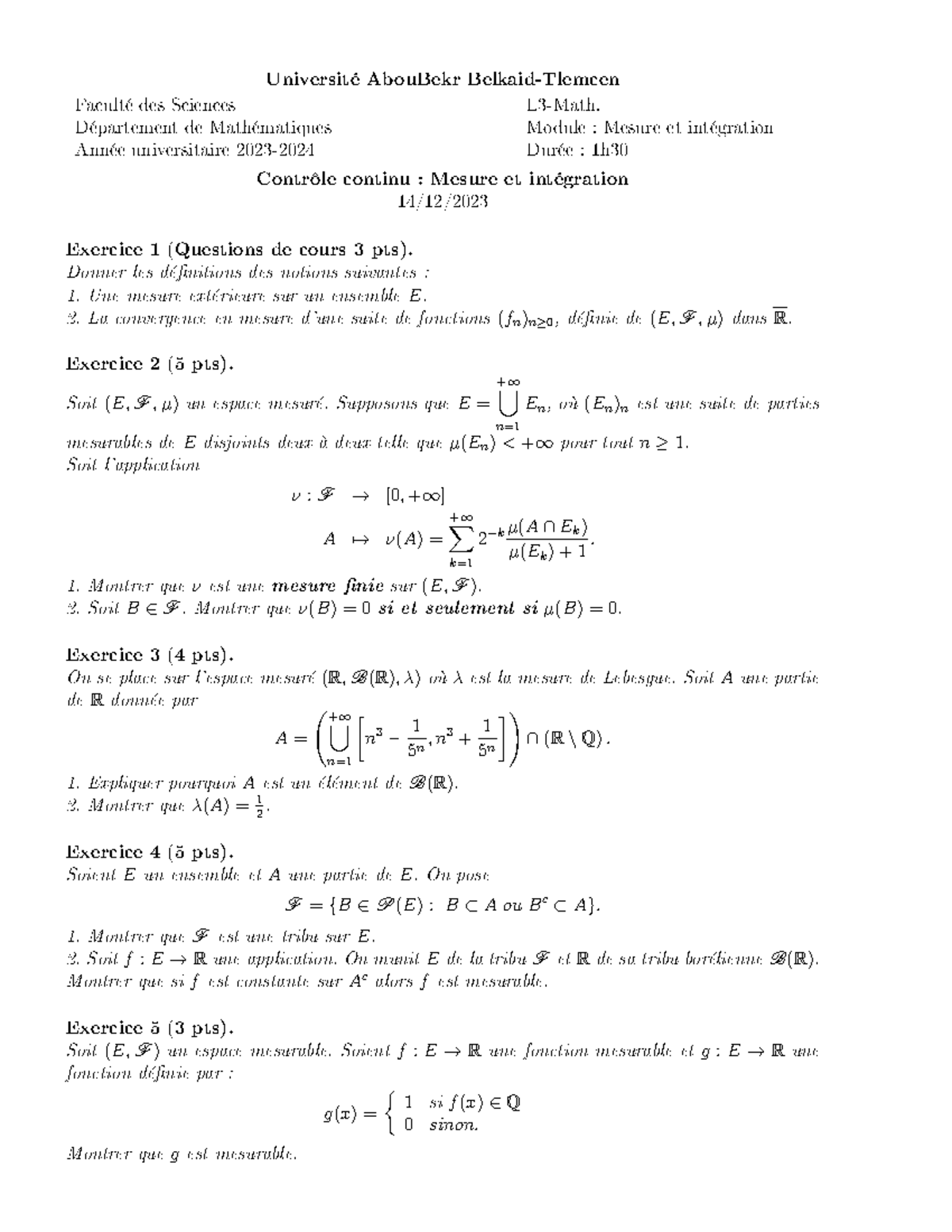 Interrogation Corrigé L3: Mesure et Intégration - Exercice et Solutions - Studocu