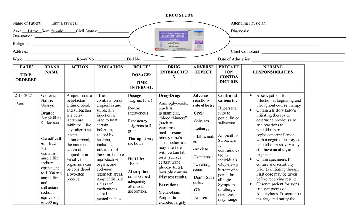 Ampicillin/Sulbactam Drug Study Report - Patient Case Analysis - Studocu
