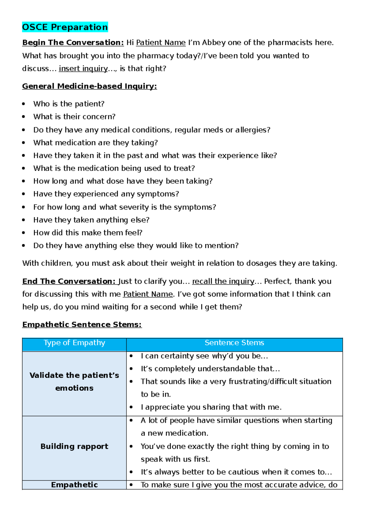 OSCE Prep: Basic Questions & Empathy Stems for Patient Interaction ...