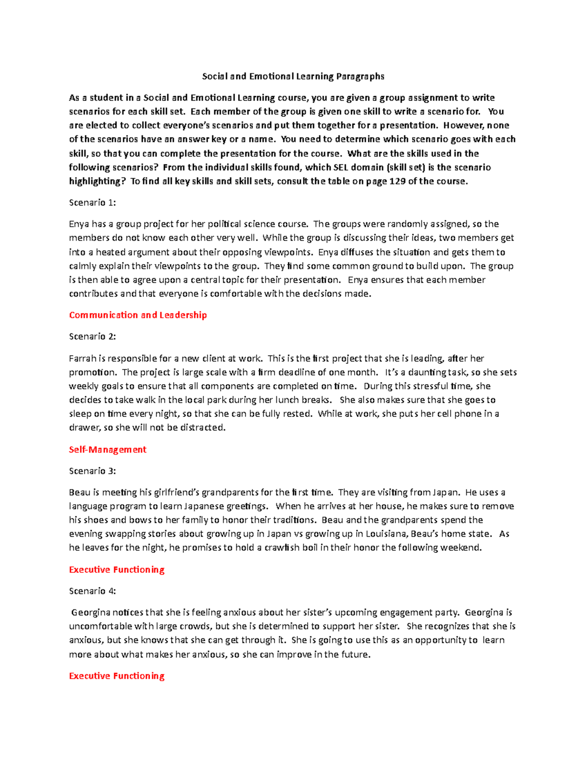 SEL Paragraph Scenarios: Exploring Social and Emotional Learning ...