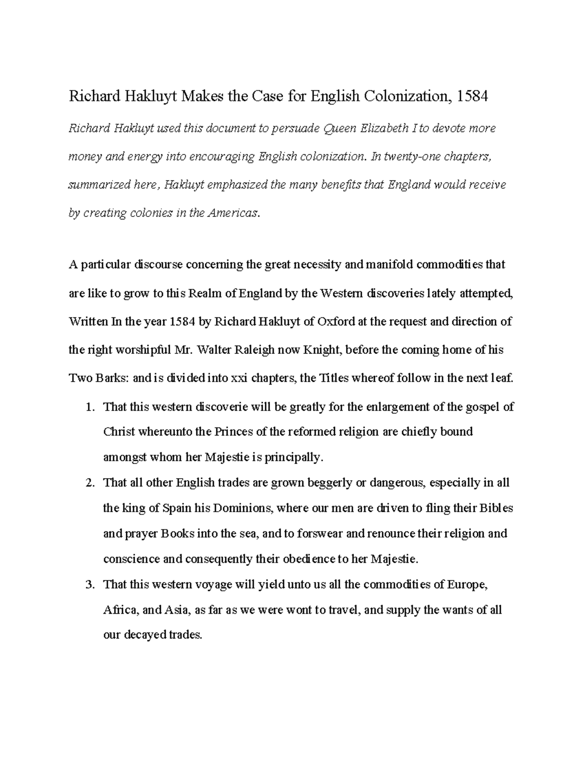 Richard Hakluyt's 1584 Discourse on English Colonization - Studocu