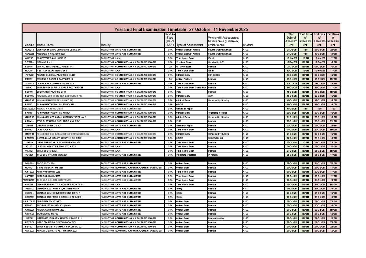 Year End 2025 Examinations Timetable for All Modules - Studocu