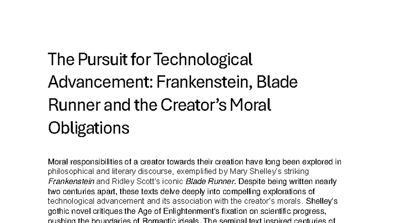 ENG 12 IA1 Final Exam: Tech, Morality & Creation in Frankenstein ...