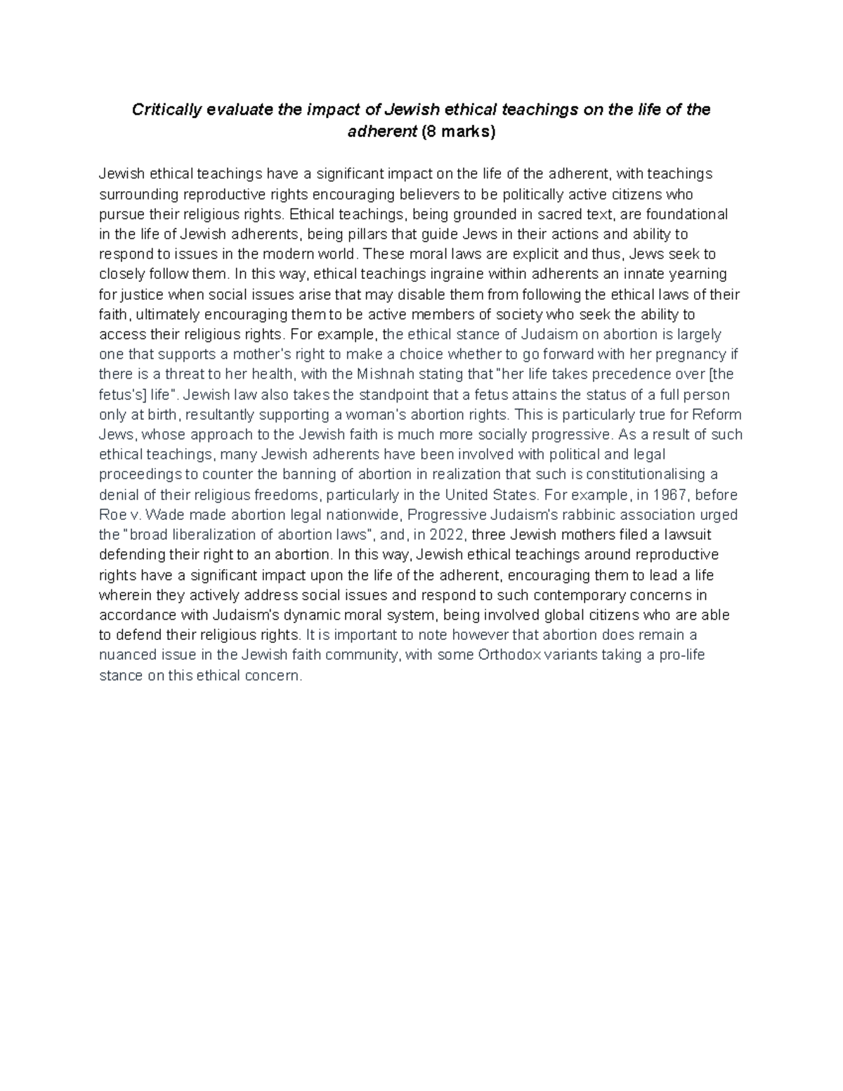 Jewish Ethics and Their Impact on Adherents' Lives (8 Marks) - Studocu