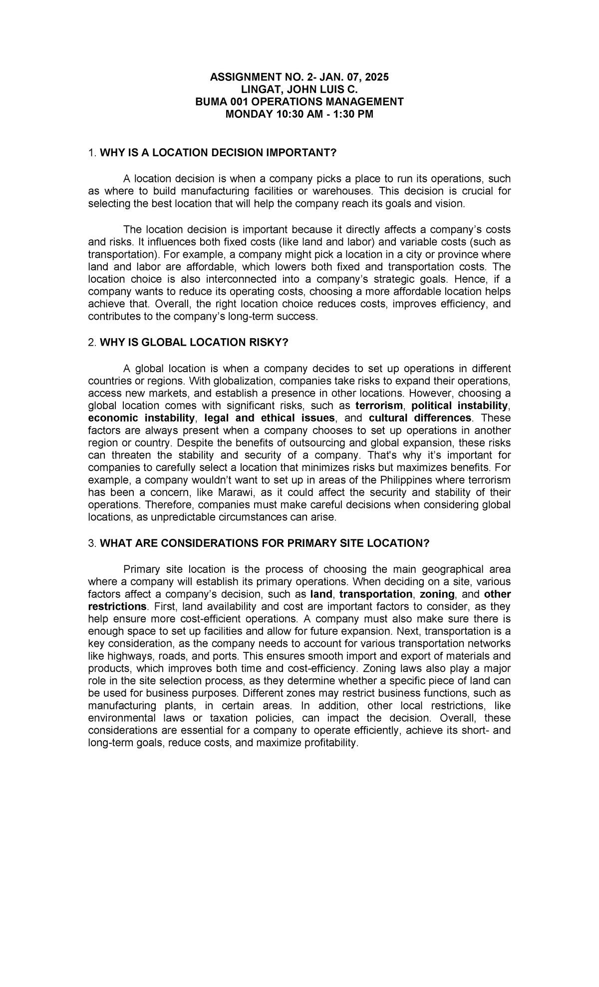 Assignment number 2 - ASSIGNMENT NO. 2 - JAN. 07, 2025 LINGAT, JOHN ...