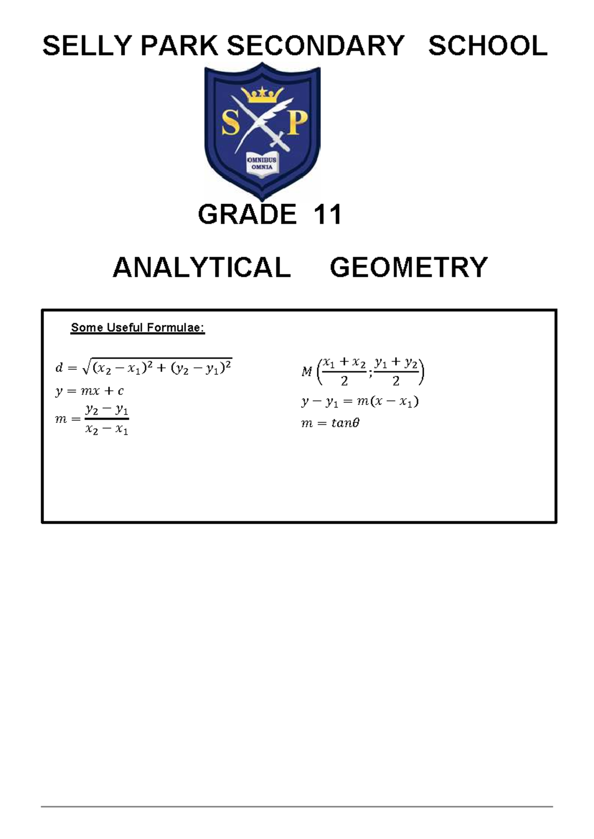 Grade 11 Analytical Geometry: Key Formulae and Problem Solving - Studocu