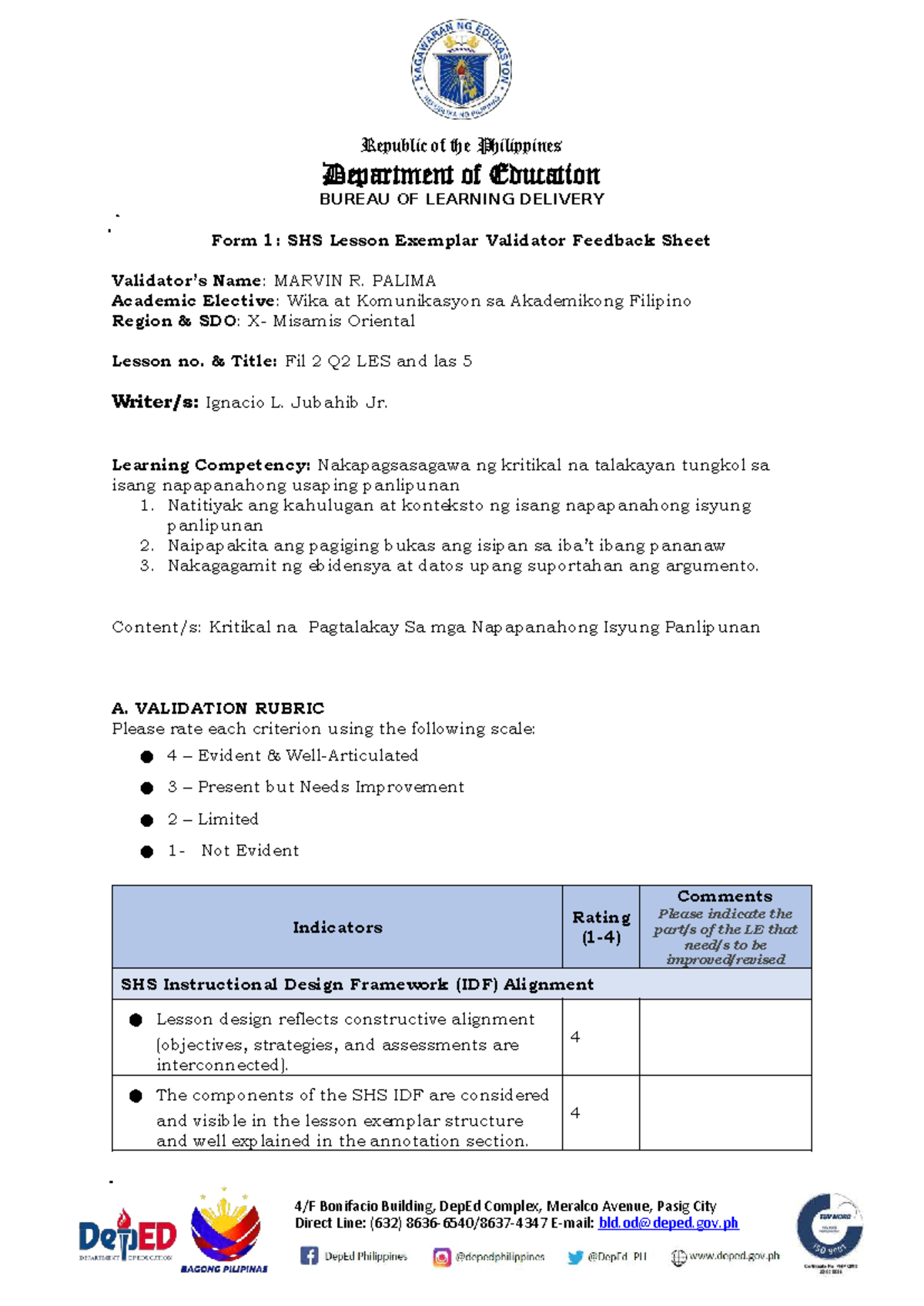 SHS Lesson Exemplar Validator Feedback: Fil 2 Q2 LES and LAS 5 - Studocu