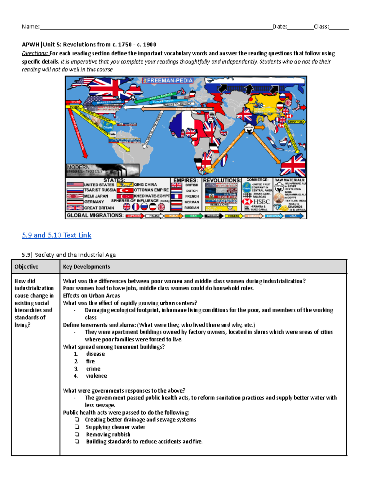 APWH Unit 5: 5.9 & 5.10 Amsco Reading Guide on Industrialization - Studocu