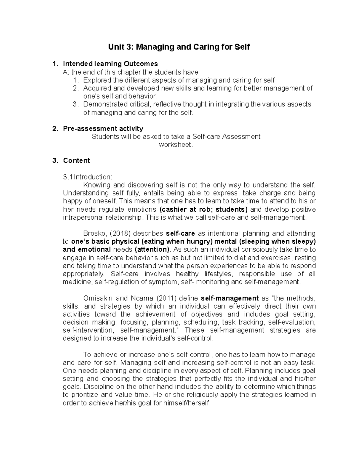 13 Managing and Caring for the Self - Unit 3: Managing and Caring for ...