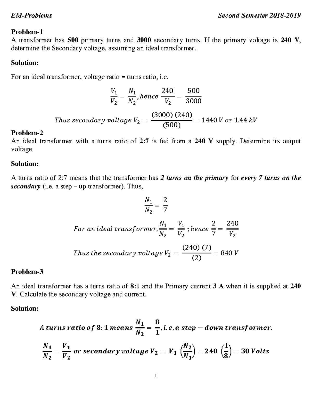 Transformer Problems: Ideal Transformer Calculations and Solutions ...