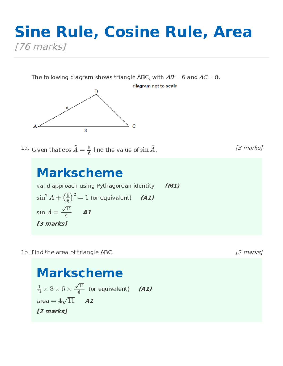 Sine Rule Cosine Rule Area - Sine Rule, Cosine Rule, Area [76 marks] 1a ...