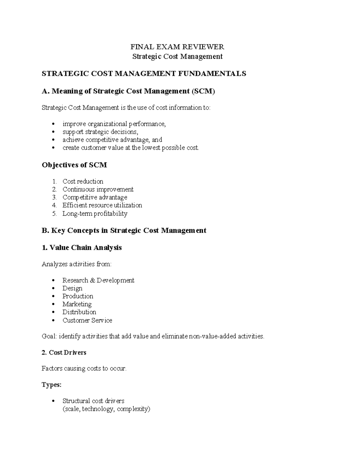 FINAL EXAM REVIEWER: Strategic Cost Management (SCM) Essentials - Studocu