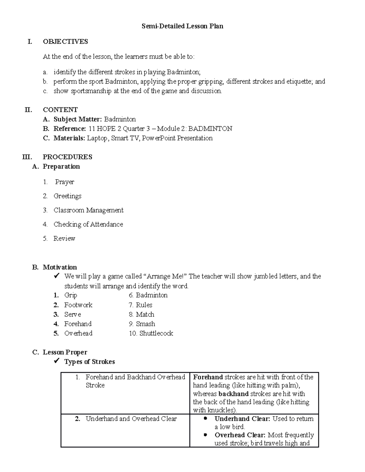 Badminton Lesson Plan - 11 HOPE 2 Quarter 3 Module 2 - Studocu