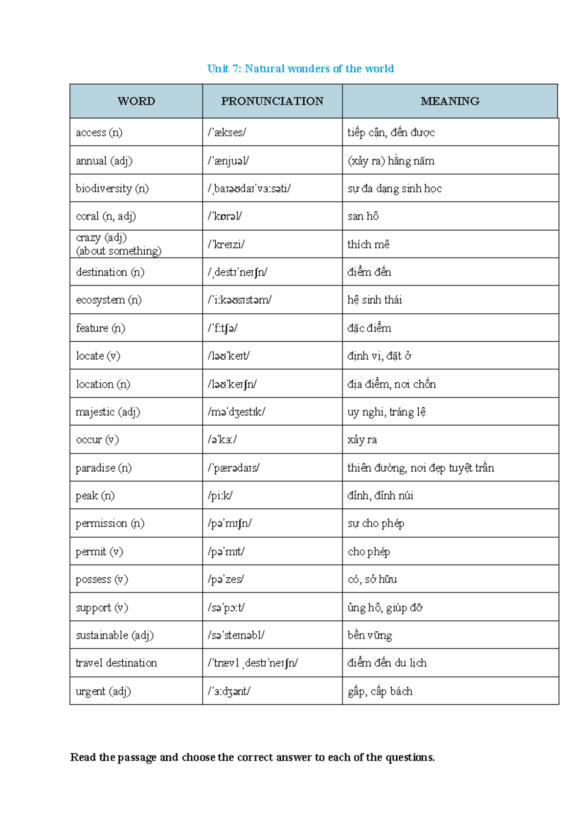 Unit 7: Natural Wonders of the World - Vocabulary & Comprehension ...