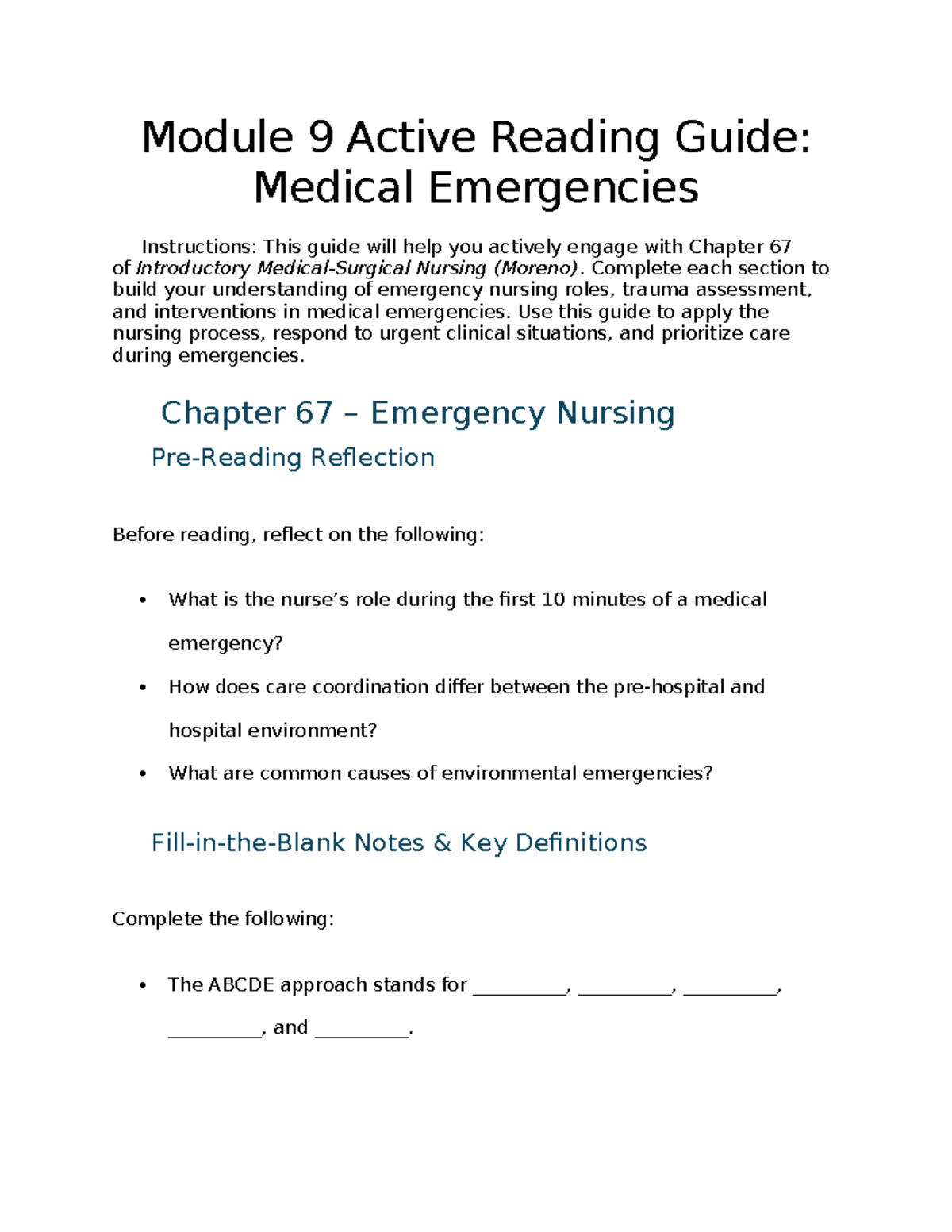 NUR2755 Module 9 Active Reading Guide: Medical Emergencies - Studocu