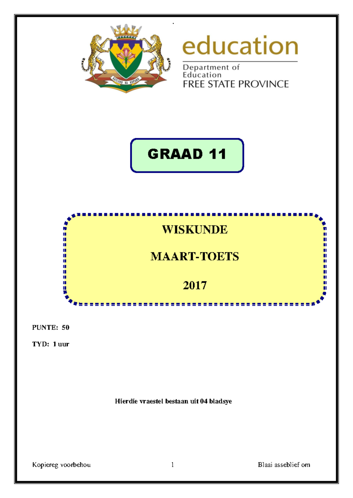 Graad 11 Wiskunde Maart Toets 2017 - KABV FSDoE QP - Studocu