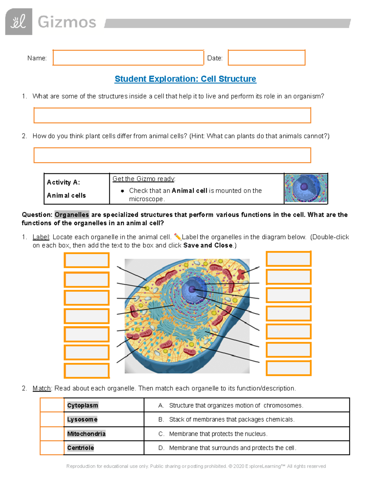 Gizmo - Cell Structure - I dont know - Name: Date: Student Exploration ...