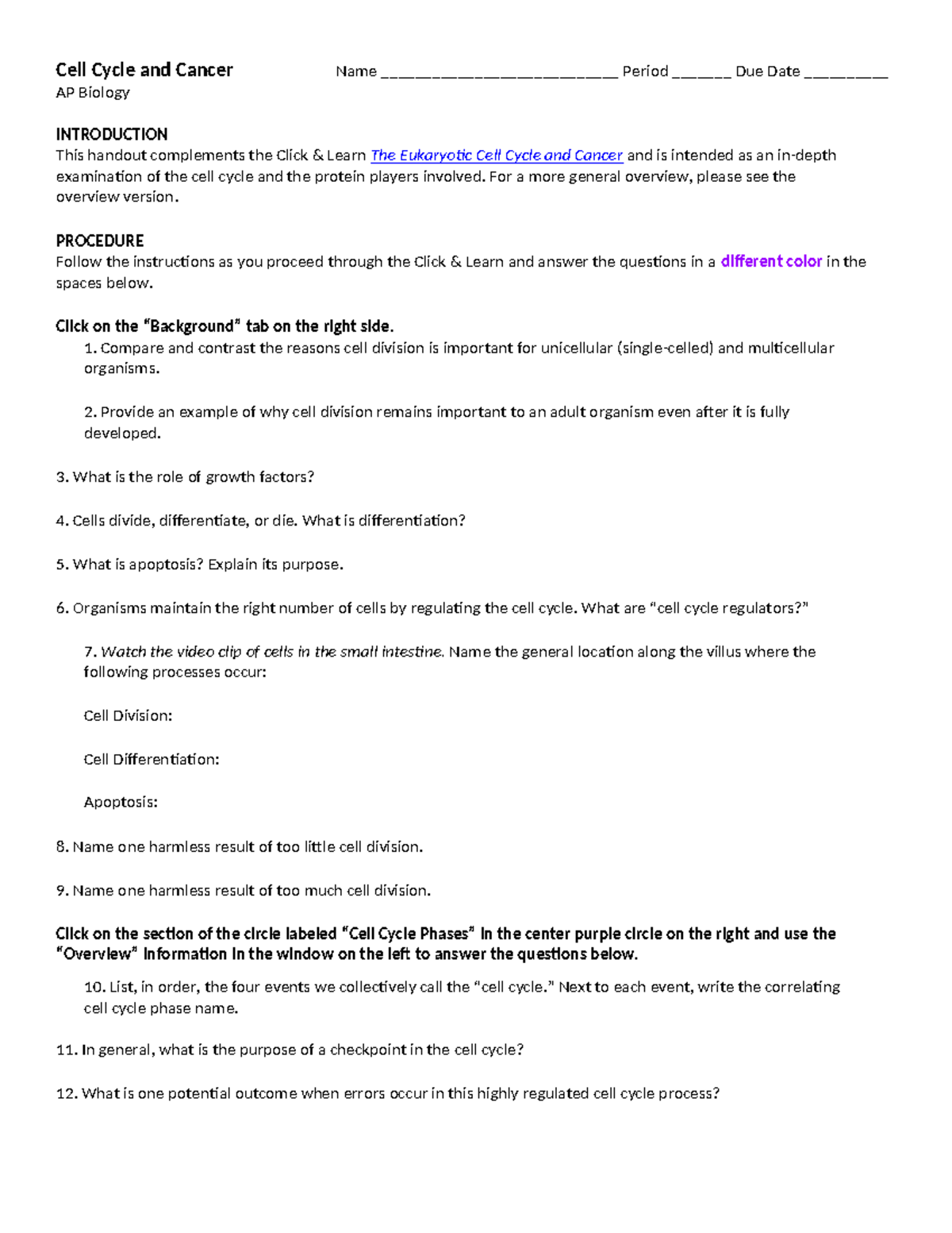 Cell Cycle and Cancer Interactive - Cell Cycle and Cancer Name