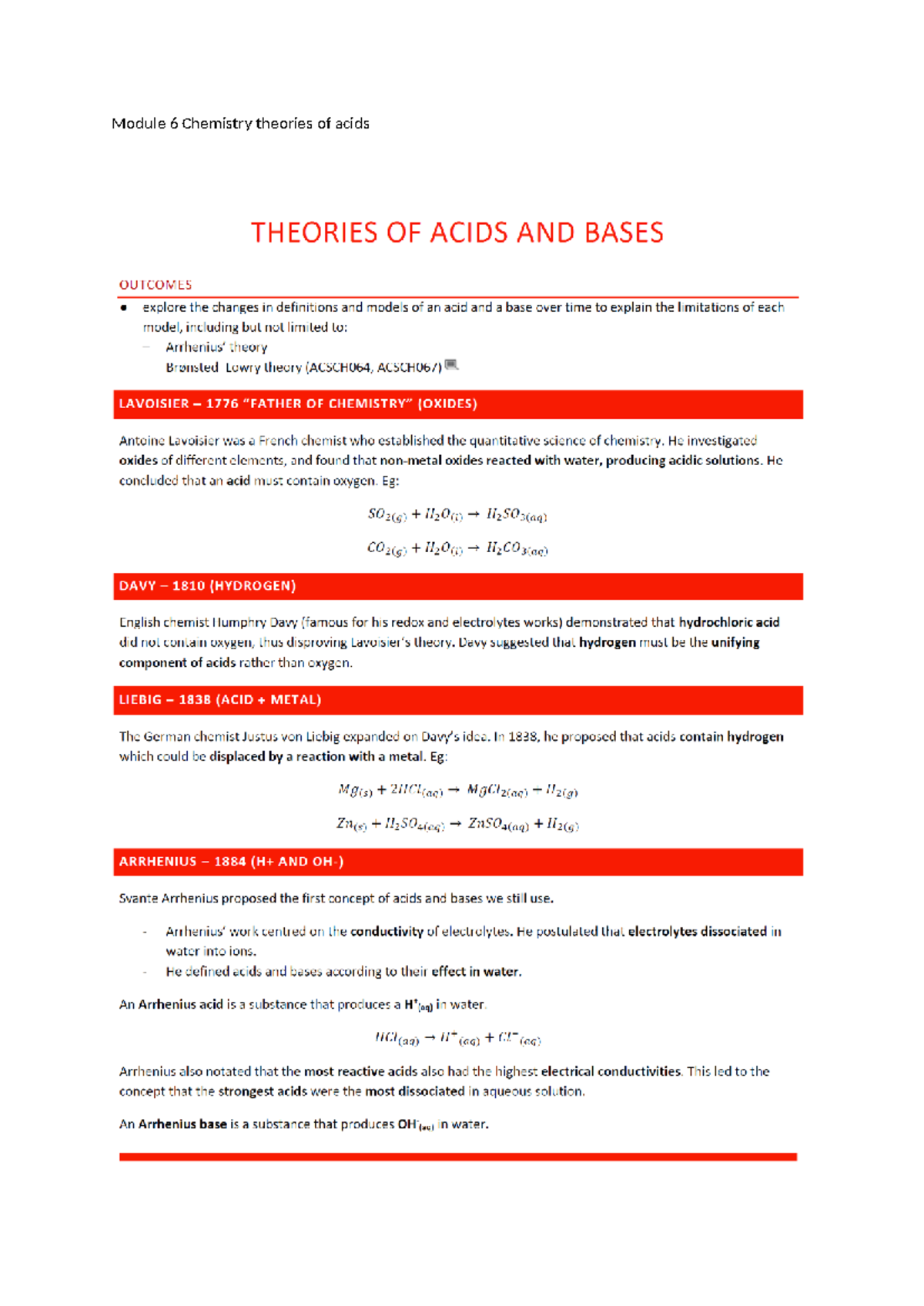 Module 6 Chemistry: Theories of Acids and Bases (ACSCH064, ACSCH067 ...
