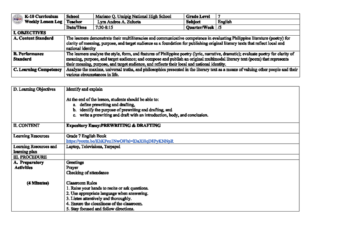 Grade 7 English I: Expository Essay Prewriting & Drafting Guide - Studocu