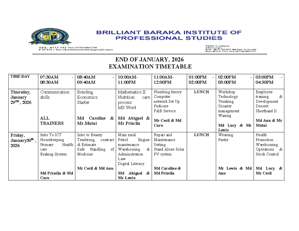 JAN 2026 - Examination Timetable for All Courses - Studocu