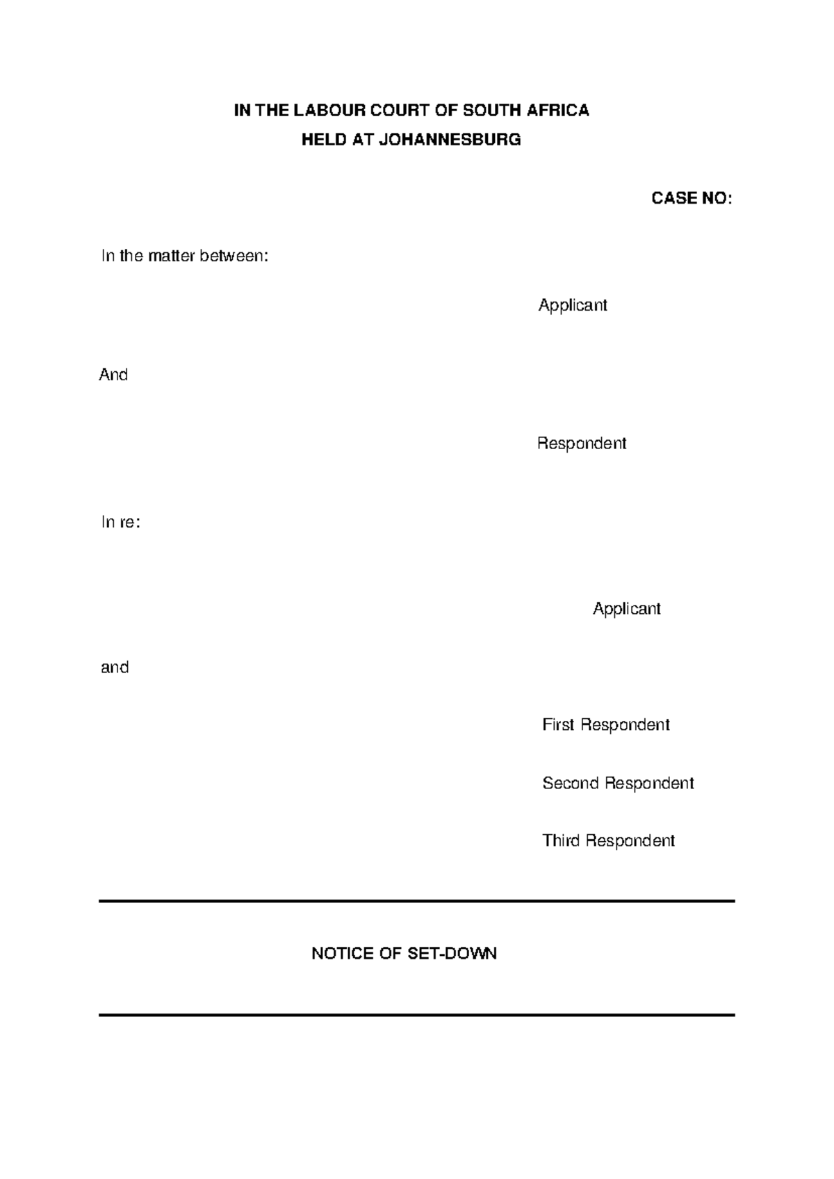Labour Court Notice of Setdown Template - Case No: [Insert Case No ...