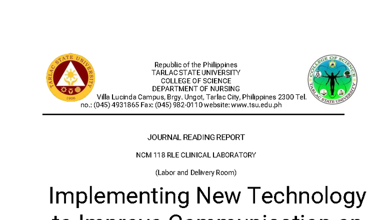 Journal Reading Report: NCM 118 RLE on Labor & Delivery Unit - Studocu