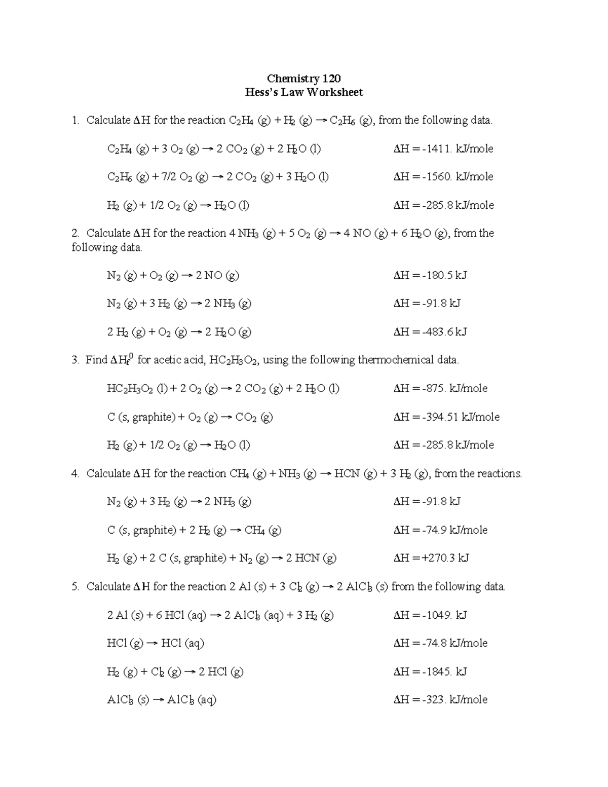 Chemistry 120 - Hess's Law Worksheet with Detailed Solutions - Studocu