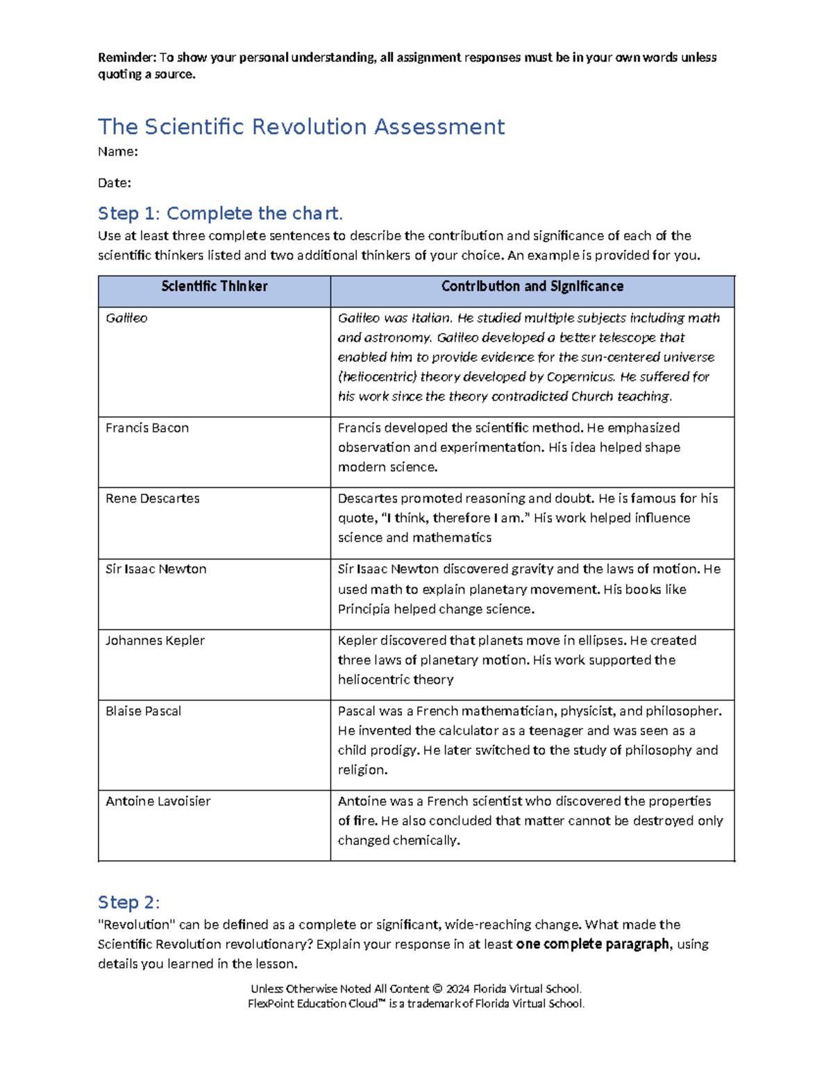Scientific Revolution Assessment (SR) - Understanding Key Thinkers ...