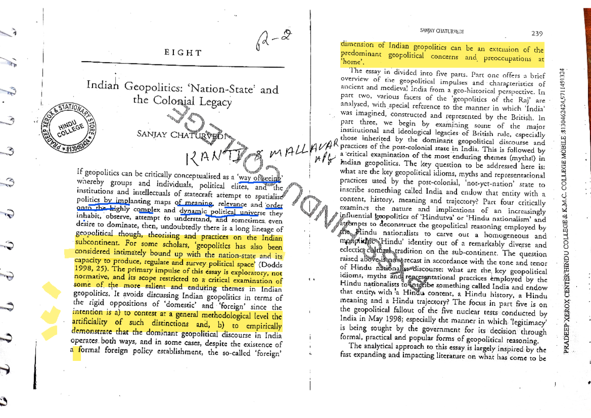 Indian Geopolitics: Analysis of Colonial Legacies (Course Code: 8130A ...