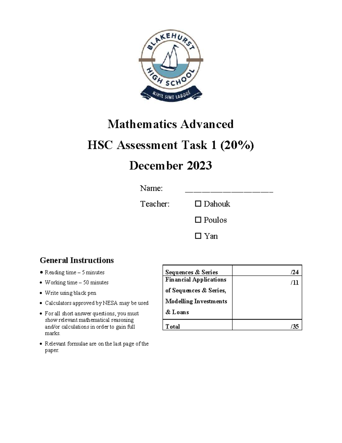 HSC Mathematics Advanced Assessment Task 1: Sequences & Series 2023 ...