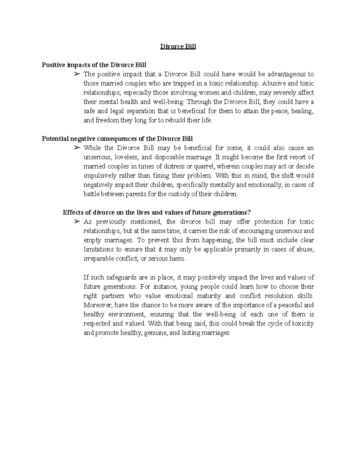 Thoughts on Divorce Bill: Impacts and Future Generations - Studocu