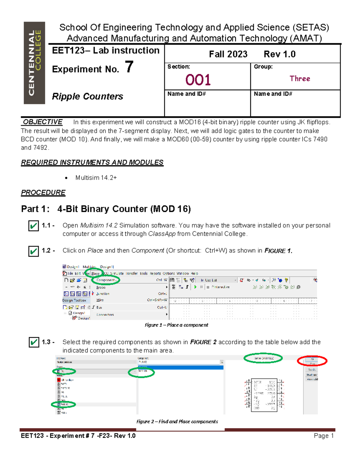 EET123-F23-Lab 7 - MOD 16, 10 & 60 Ripple Counters in Multisim - Studocu